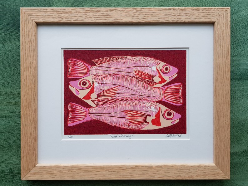 Three Red Pink Fish Still Life Handprinted Original Print Reduction ...