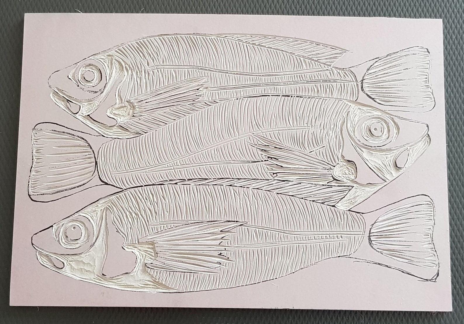 Three Red Pink Fish Still Life Handprinted Original Print Reduction ...