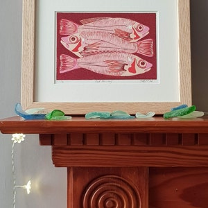 Three Red Pink Fish Still Life Handprinted Original Print Reduction ...