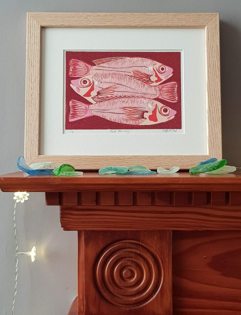 Three Red Pink Fish Still Life Handprinted Original Print Reduction ...