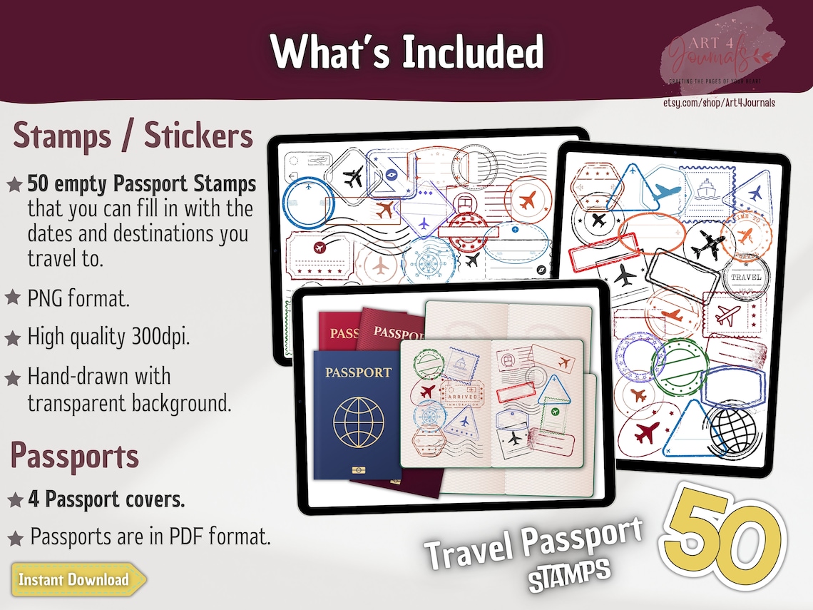 50 PASSPORT STAMPS & Digital Fun Passports for Goodnotes, Notability ...