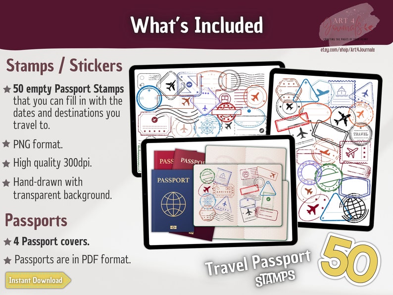 50 PASSPORT STAMPS & Digital Fun Passports for Goodnotes, Notability ...
