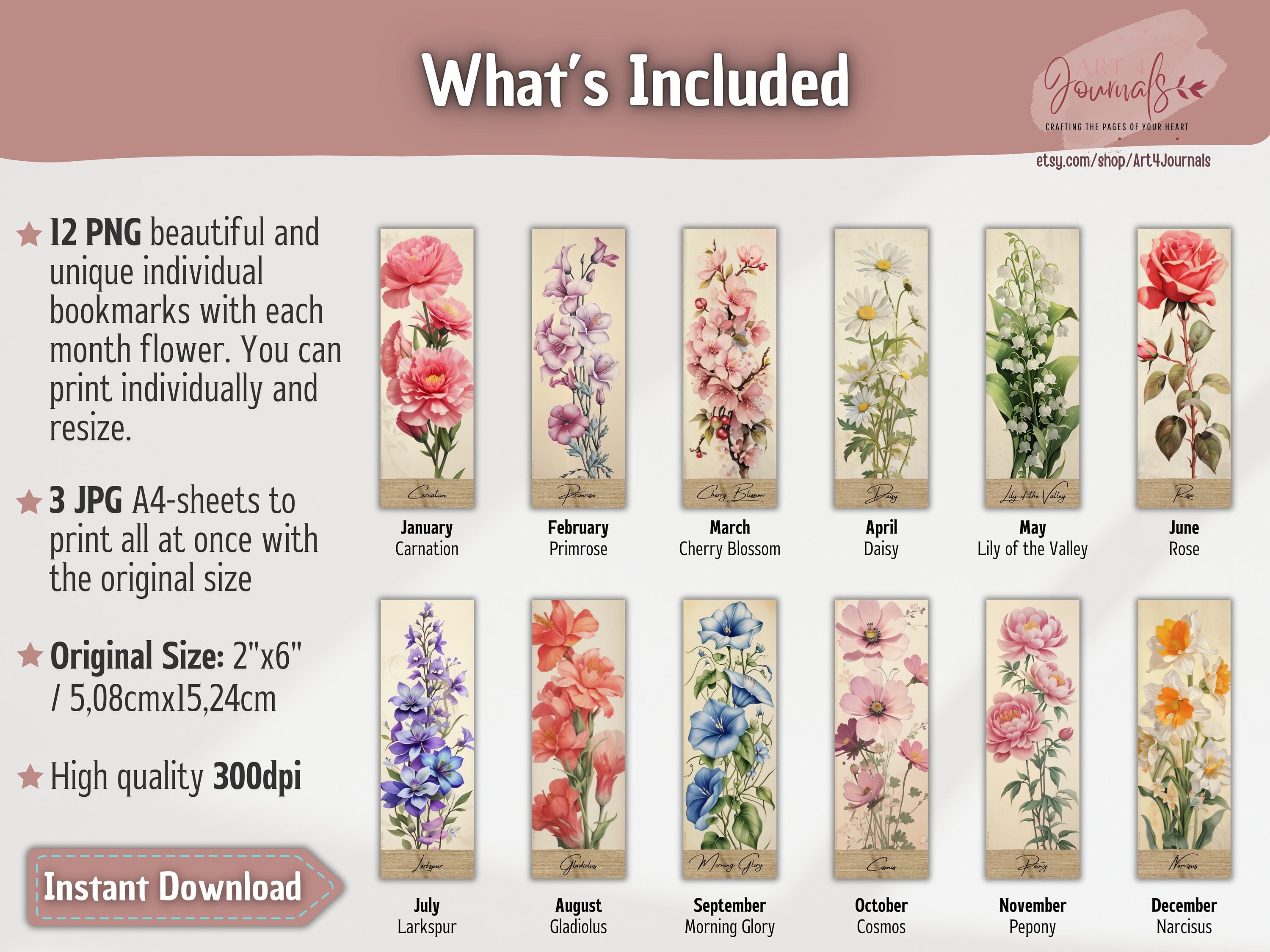 Cute and Unique Birth Month Flower Bookmarks | Printable | PNG and JPG ...