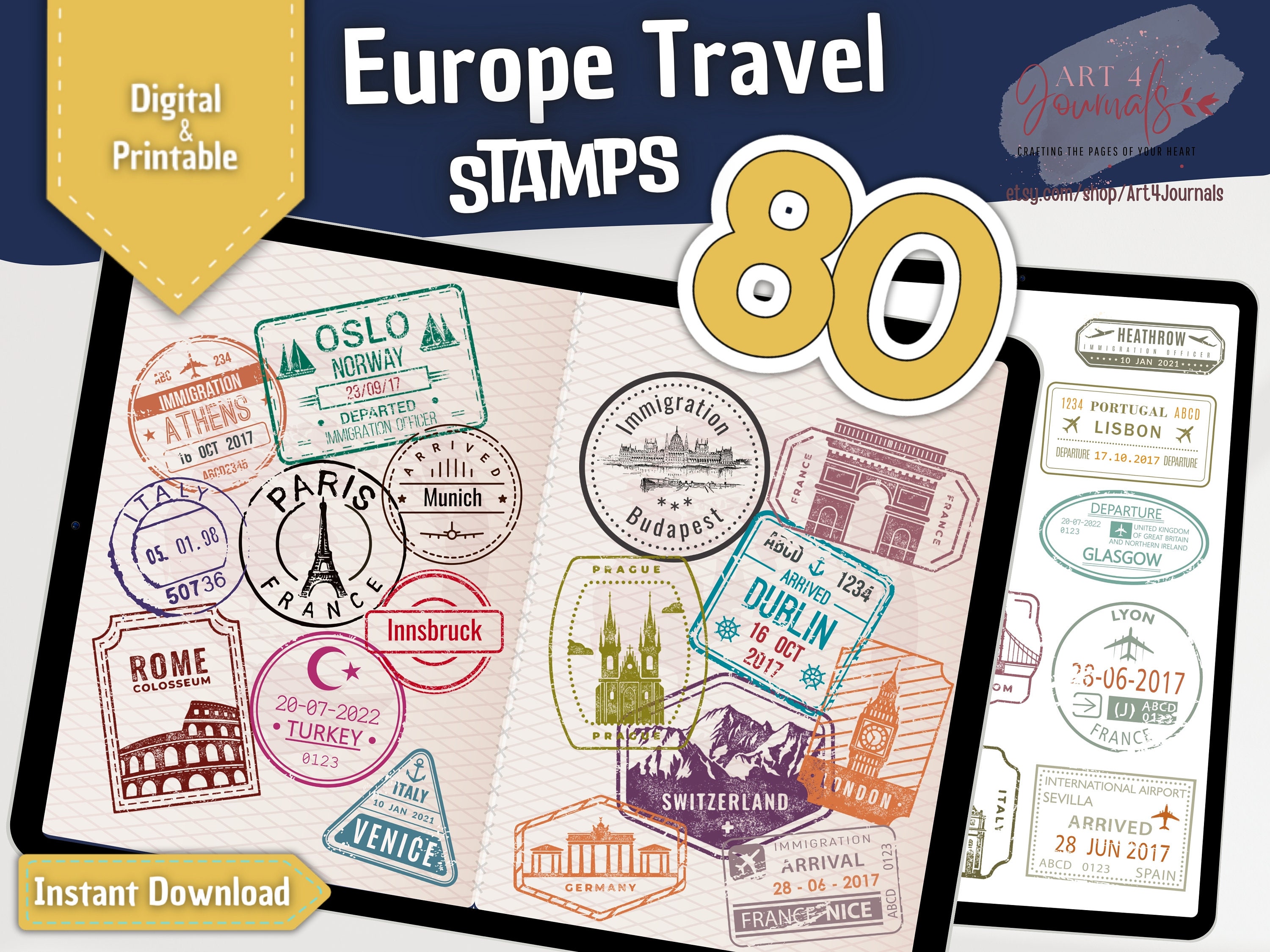 80 Europe TRAVEL STAMPS for Goodnotes, Notability, Xodo, Etc Cute ...