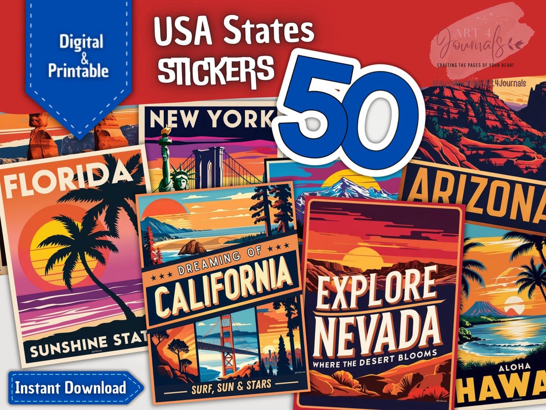 50 USA STATES Stickers / Postcards | US States Stickers | Premium ...