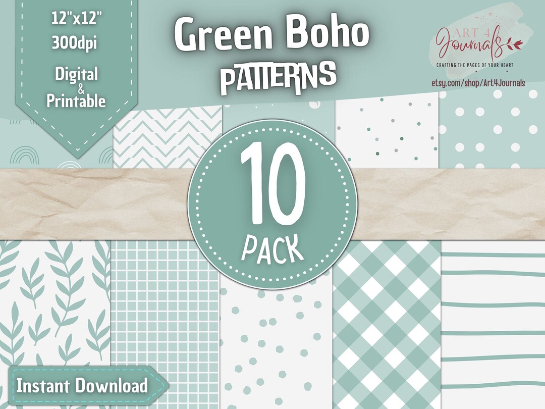 10 Seamless Boho Digital Papers | Cute Green Boho Patterns | Scrapbook ...