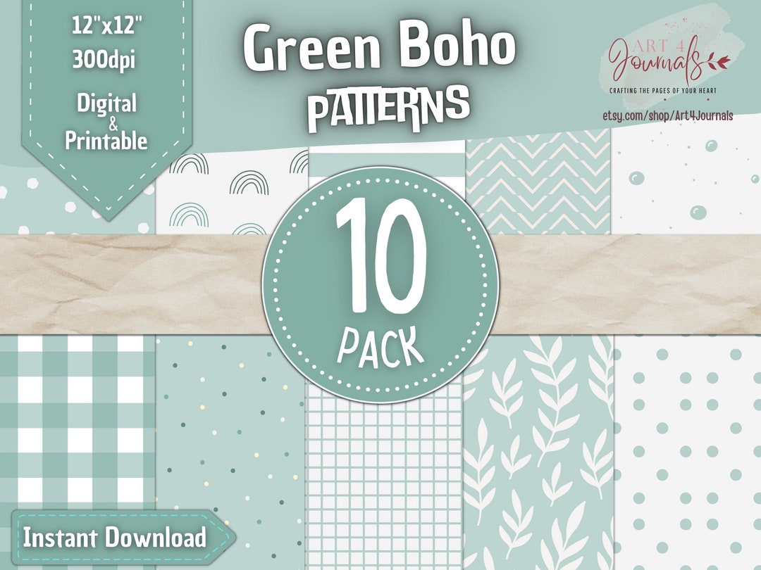 10 Seamless Boho Digital Papers | Cute Green Boho Patterns | Scrapbook ...