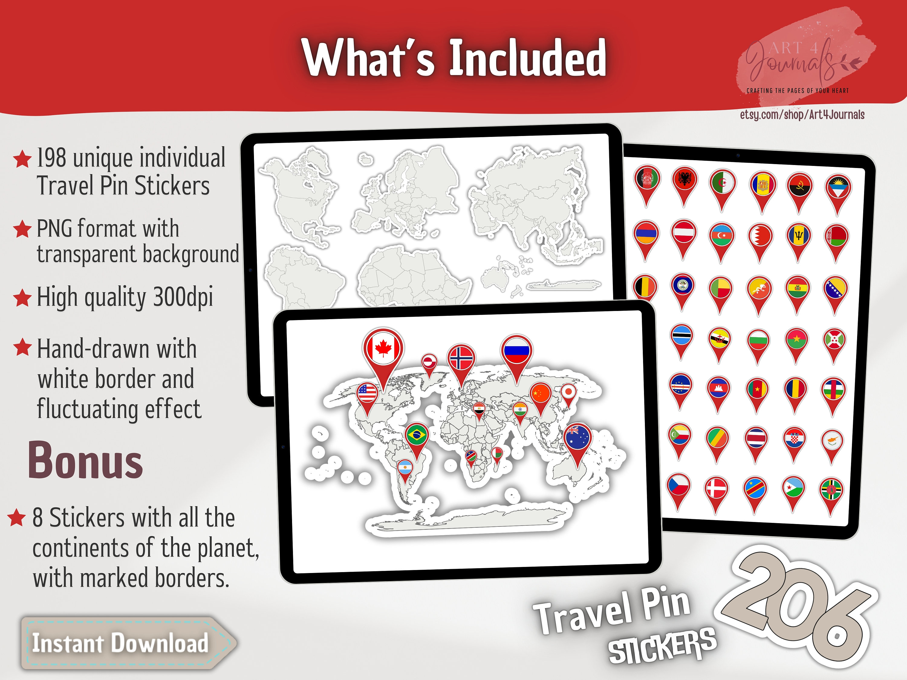 206 TRAVEL PIN Stickers | Digital Push Pin World Maps | for Goodnotes ...