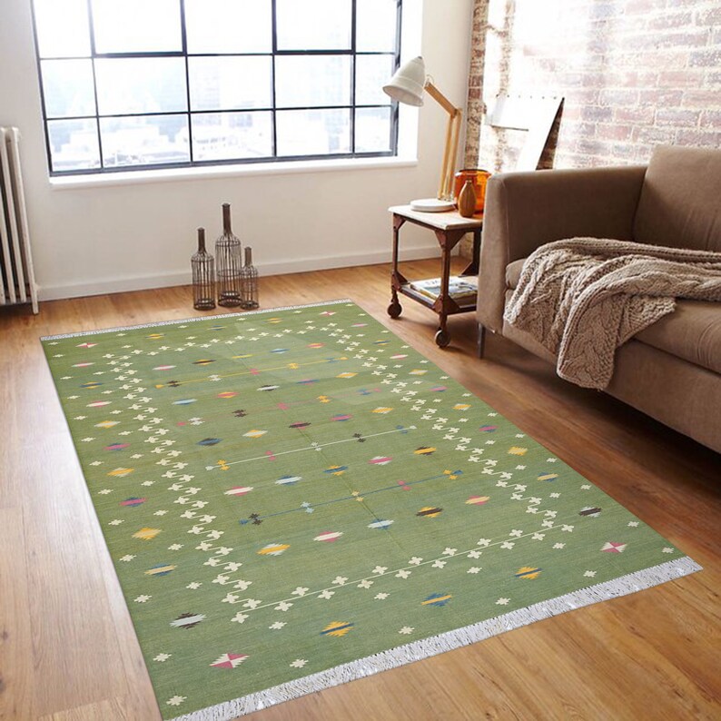 Green Shooting Star Modern Handmade Cotton Area Rug Indian Dhurrie Rug ...