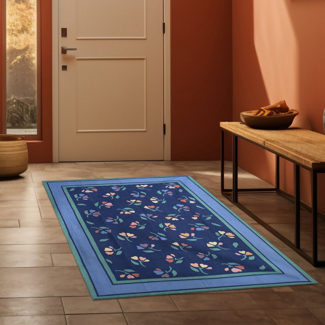 Indigo Blue Flower Handmade Flat Weave Rug, Trendy Cotton Geometric ...