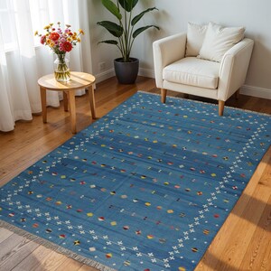 Blue and White Shooting Star Handmade Cotton Area Flat Weave Rug ...