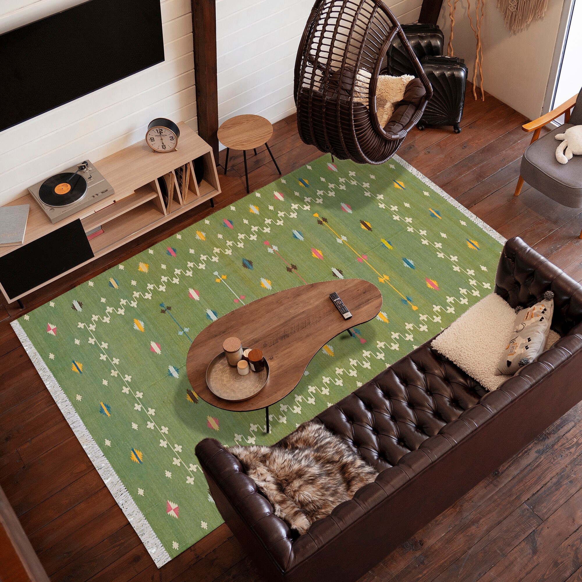 Green Shooting Star Modern Handmade Cotton Area Rug Indian Dhurrie Rug ...