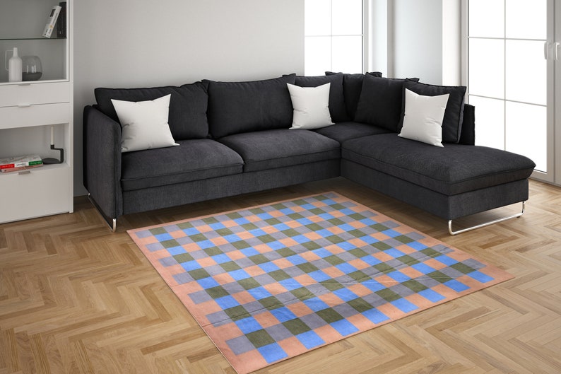 Modern Handmade Check Box Pattern Cotton Area Rug Flat Weave Natural ...