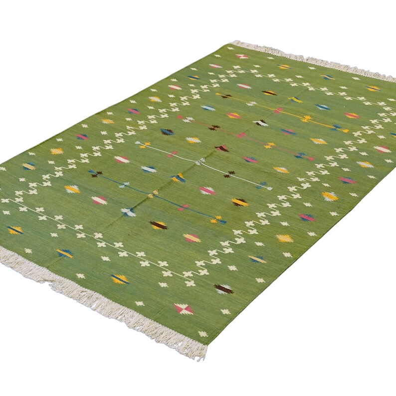 Green Shooting Star Modern Handmade Cotton Area Rug Indian Dhurrie Rug ...
