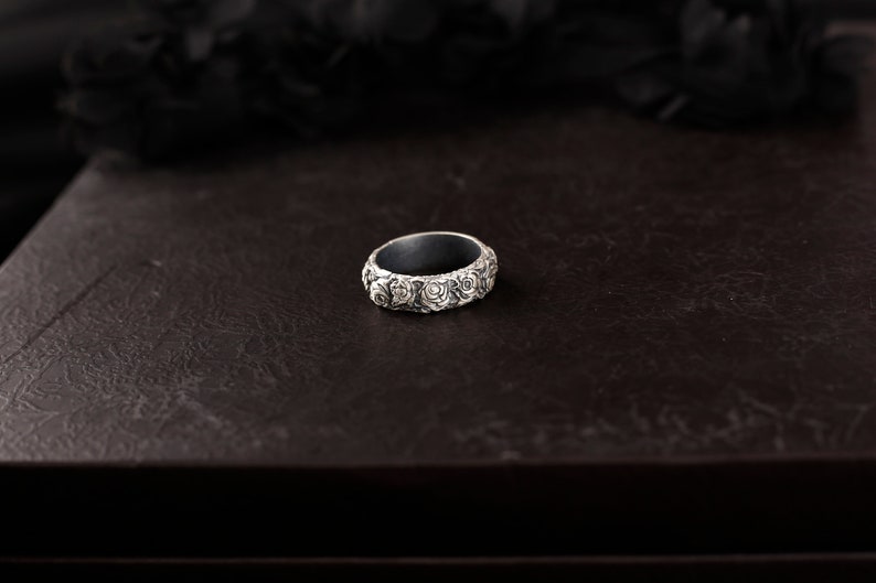 Oxidized Sterling Silver Rose Ring, Floral Wedding Band - Etsy