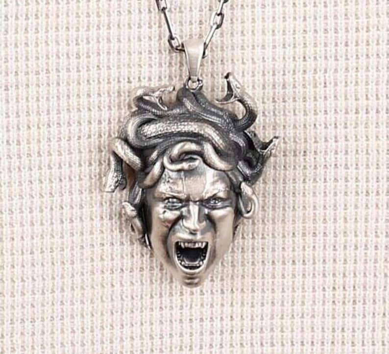 Handmade Sterling Silver Angry Medusa Pendant Necklace, Greek Mythology ...