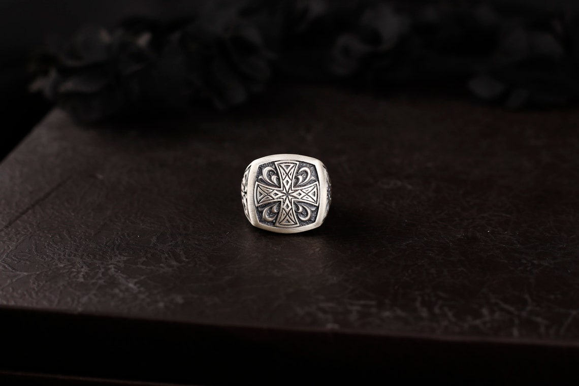 Cross Floral Sterling Silver Mens Signet Ring, Victorian Religious Ring ...