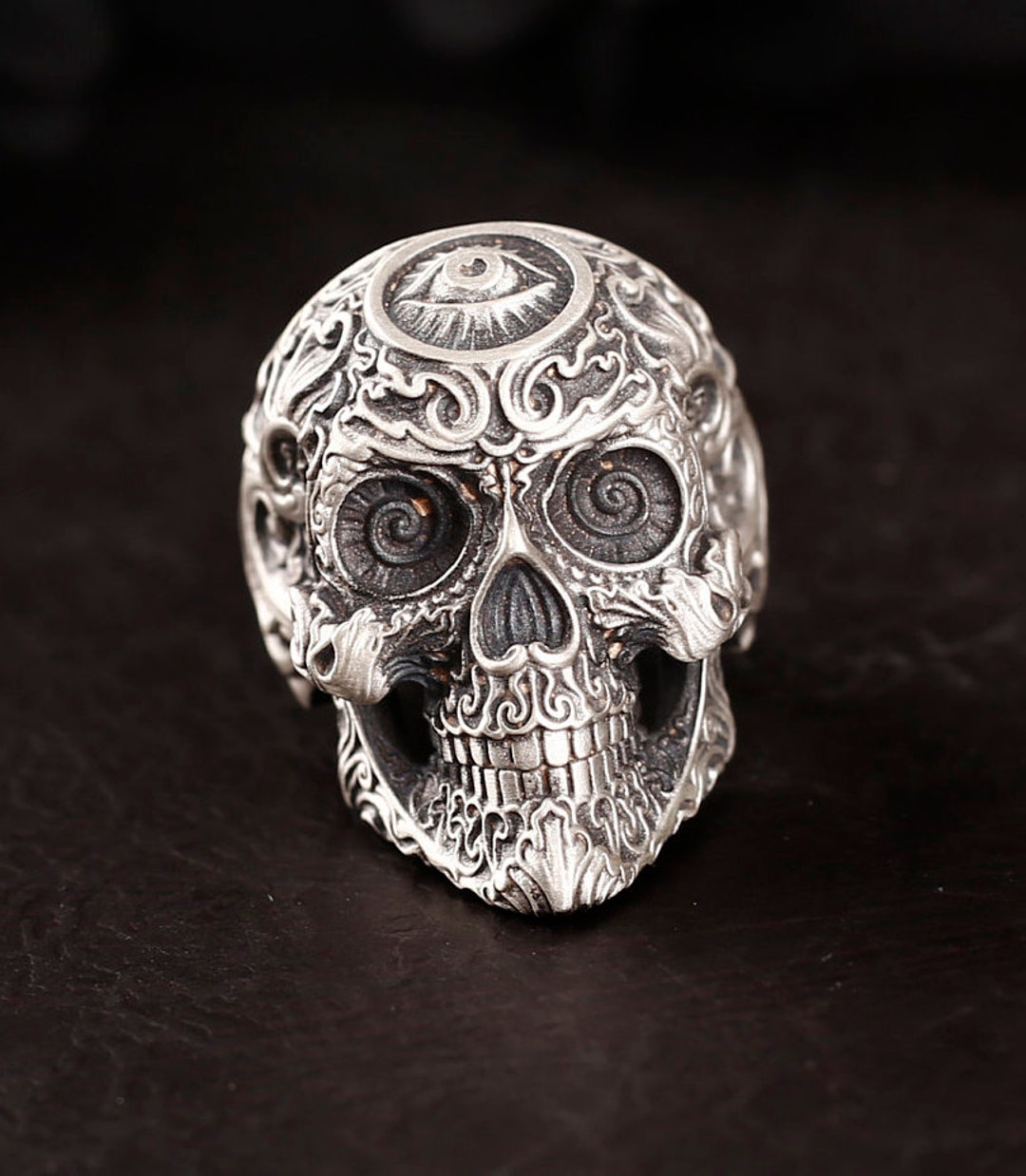 Skull With Spiral Eyes Ring for Men in Silver, Unique Gothic Men Ring ...