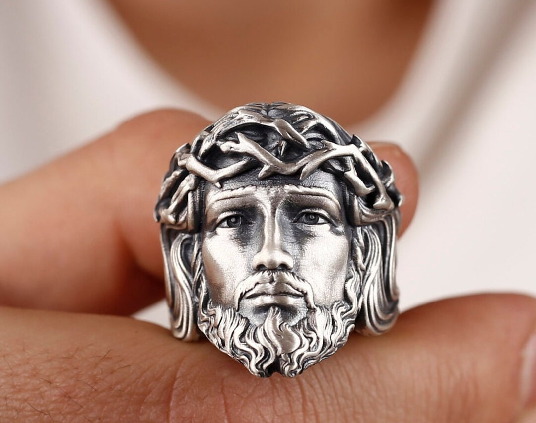 Jesus Christ Crown of Thorns Handmade Sterling Silver Men Ring, Silver ...