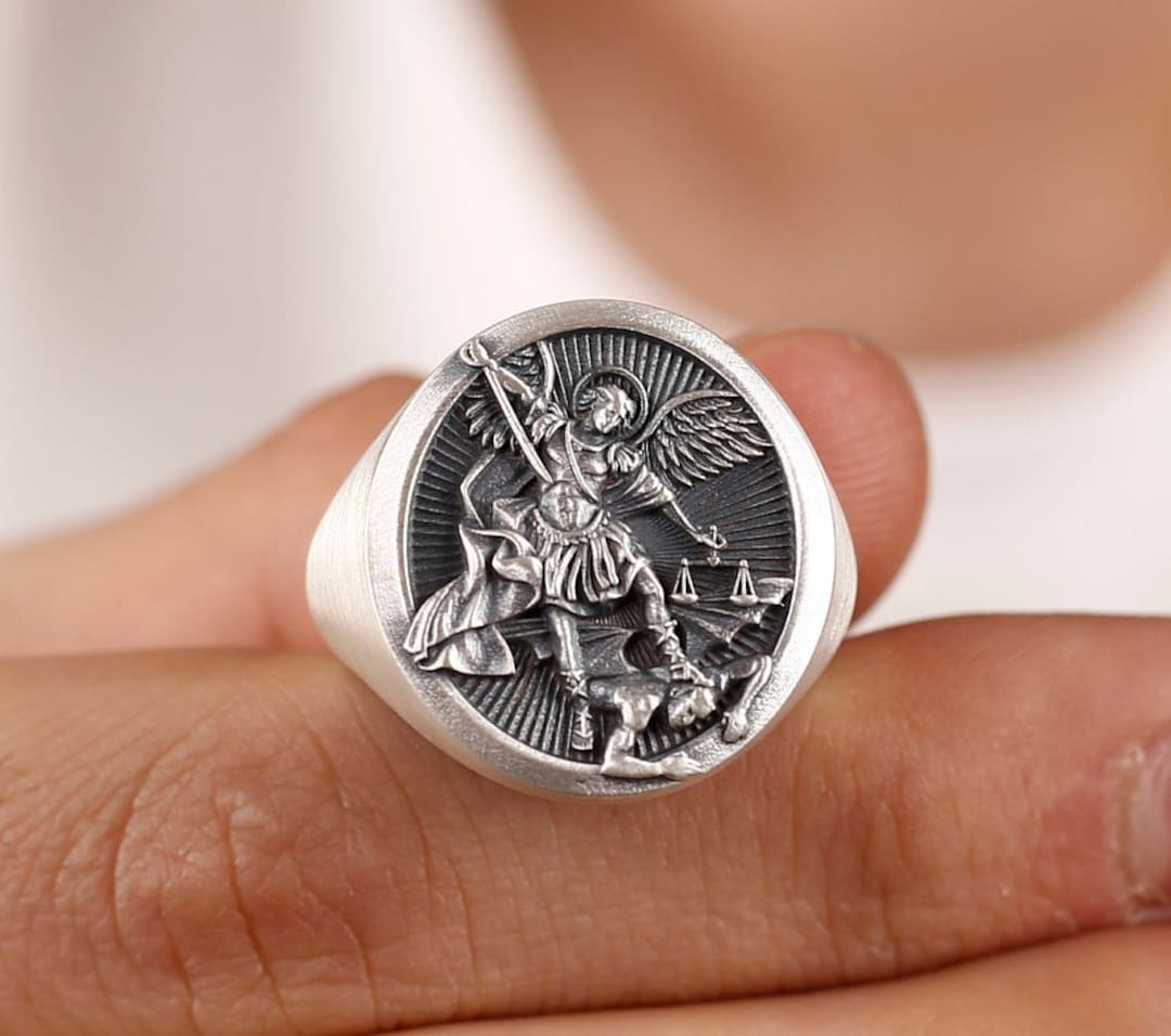 St Michael Signet Silver Ring for Men, Silver Saint Michael Oxidized ...