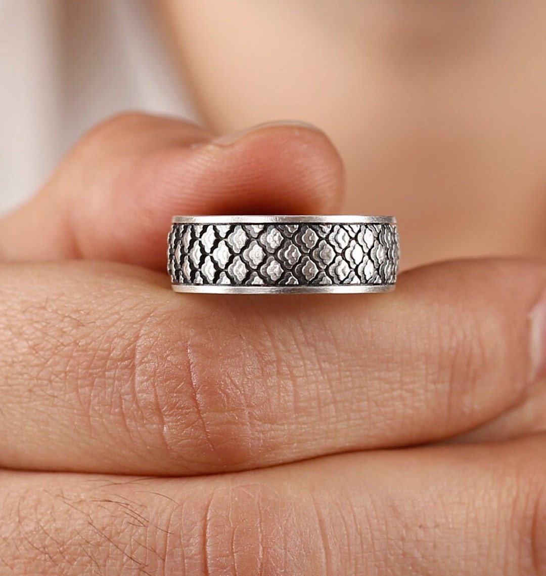 Japanese Pattern Men Wedding Ring, Silver Men Wedding Jewelry, Japanese ...