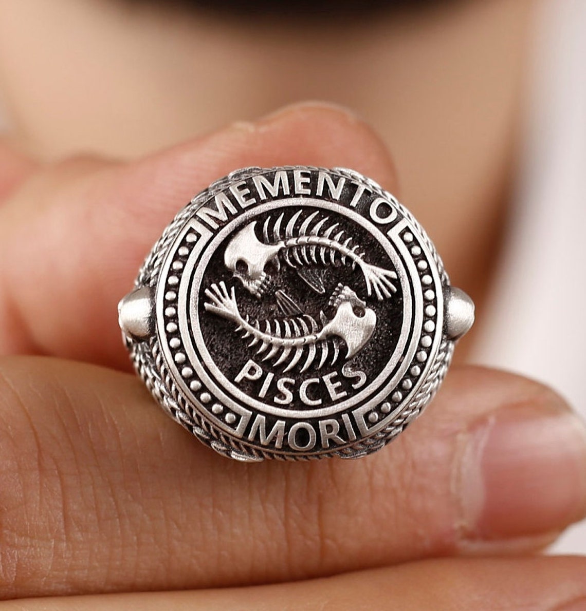 Pisces Memento Mori Mens Signet Ring Fish Skeleton Ring for - Etsy