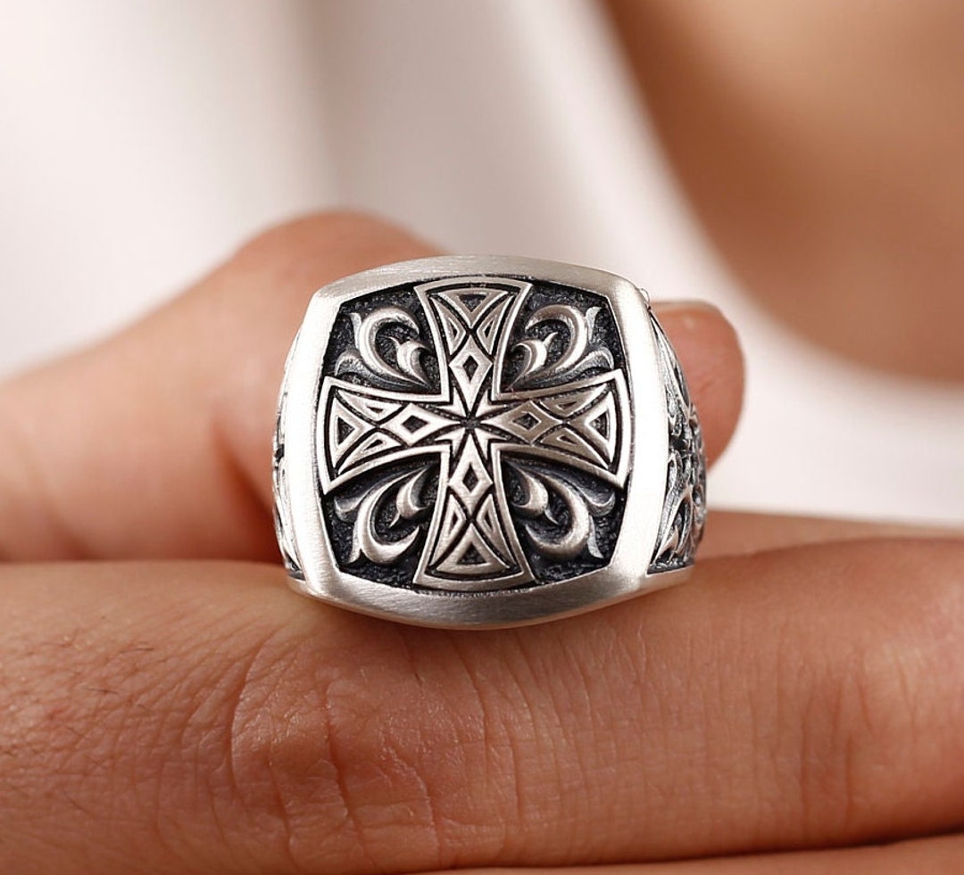 Cross Floral Mens Signet Ring, Cross Engraved Signet Ring for Men ...