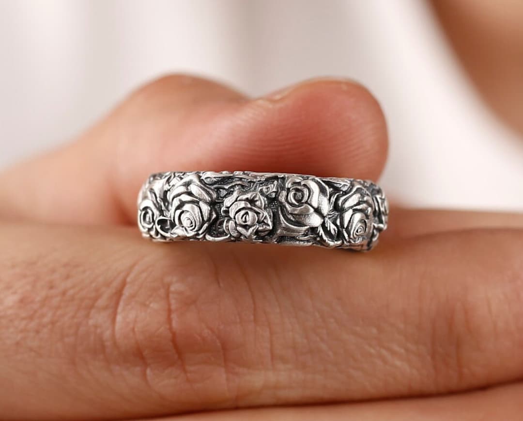 Silver Rose Flower Engagement Band Ring for Men, Floral Promise Men ...