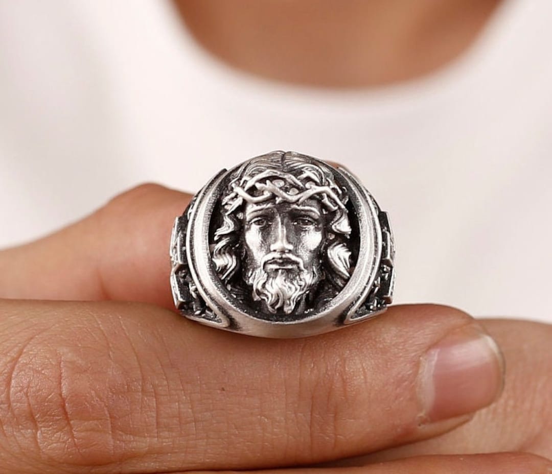 Jesus With Crown of Thorns Ring, Jesus With Cross Engraved Signet Ring ...