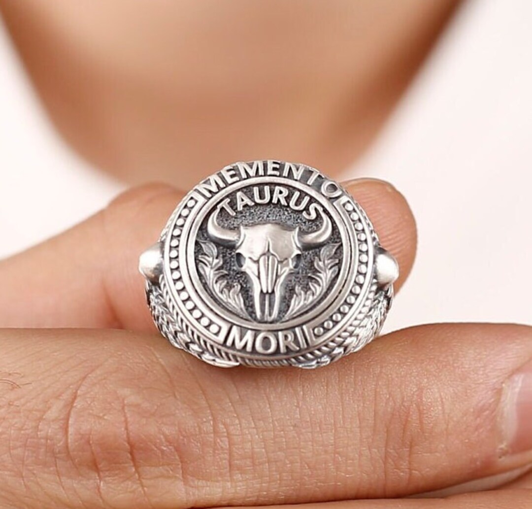 Taurus Memento Mori Biker Ring for Men in Sterling Silver ...