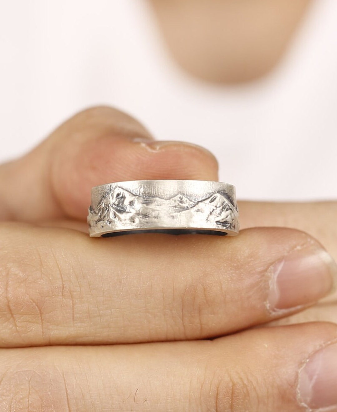 Handmade Mountains Sterling Silver Men Band Ring, Nature Wedding Ring ...
