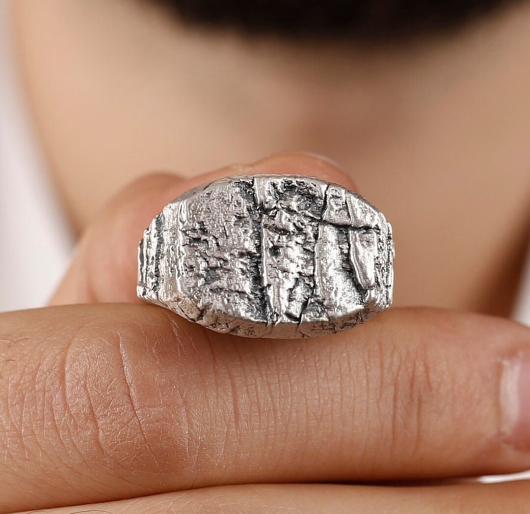 Lava Rock Surface Mens Ring in Silver, Oxidized Cool Male Ring in ...