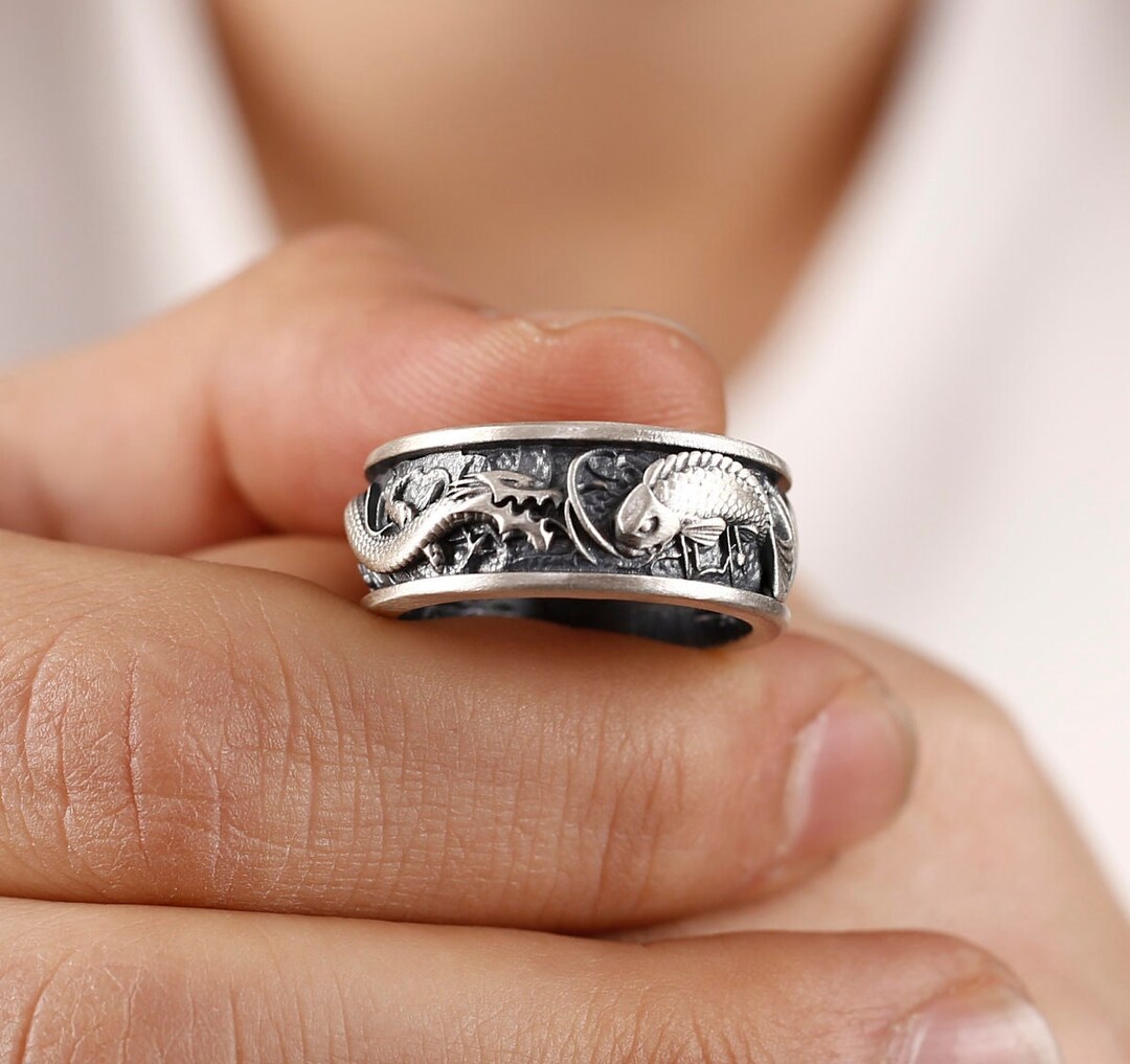 Dragon VS Koi Carp Sterling Silver Ring, Japanese Pattern - Etsy