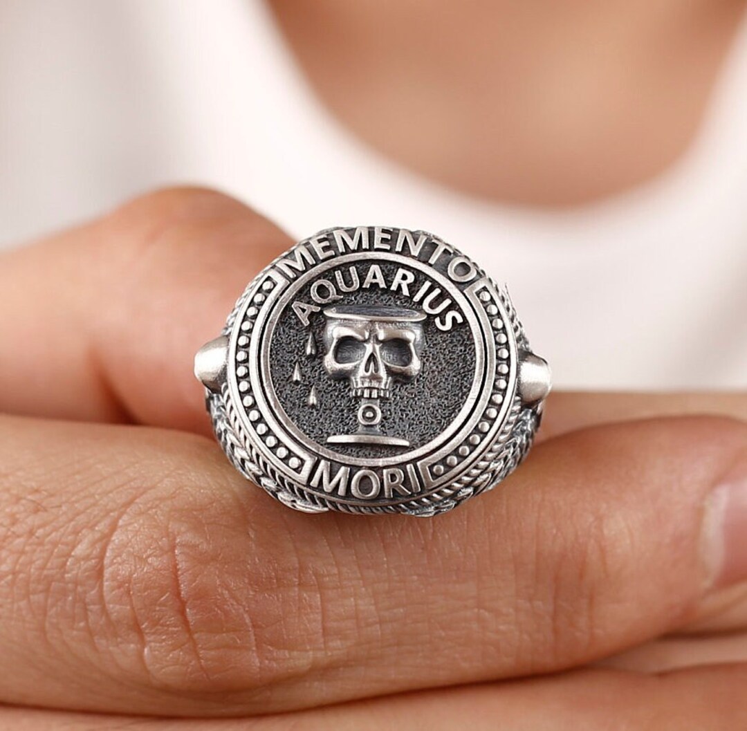 Aquarius Memento Mori Ring for Men, Skull Mens Signet Ring in Sterling ...