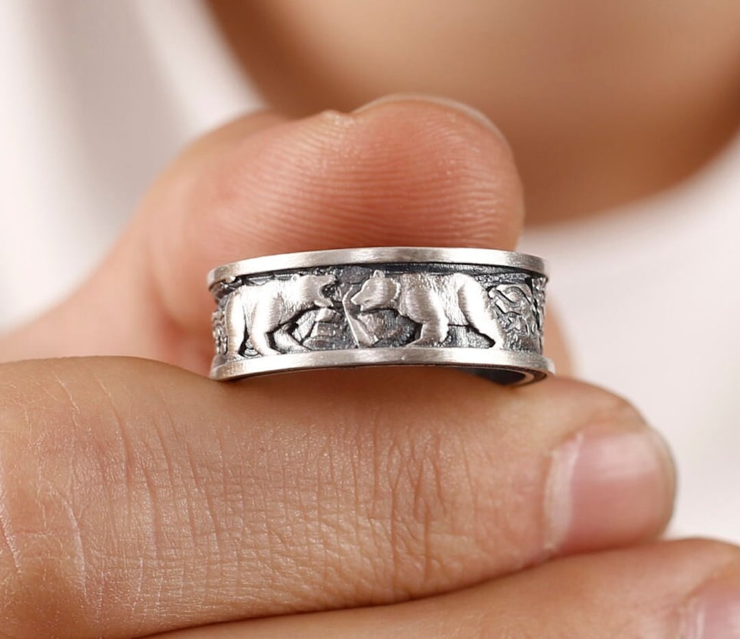Scandinavian Bear Oxidized Silver Ring, Nature Men's Wedding Band Ring in Sterling Silver ...