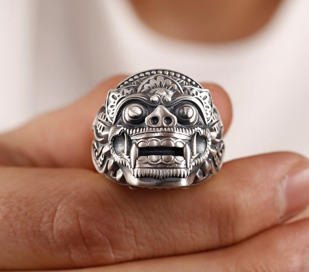 Silver Barong God of Good Mens Ring, Balinese Mythology Gothic Ring for ...