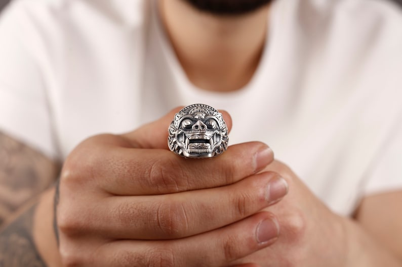 Silver Barong God of Good Mens Ring, Balinese Mythology Gothic Ring for ...