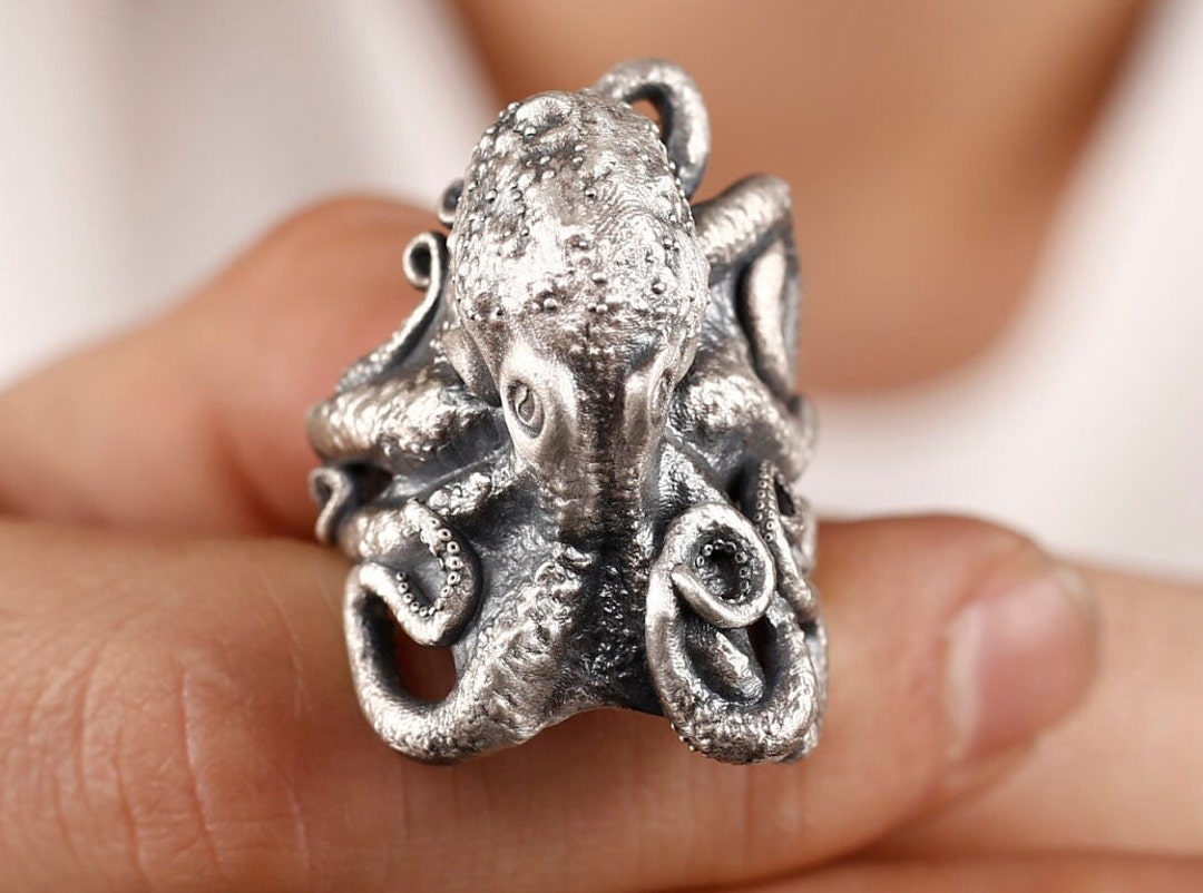 Octopus Handmade Sterling Silver Men Ring, Octopi Animal Biker Ring ...