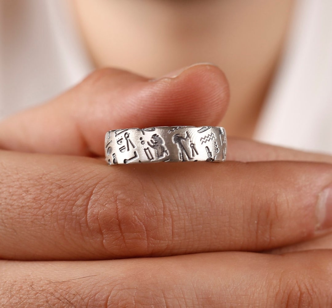 Egyptian Hieroglyphics Band Ring, Sterling Silver Wedding Jewelry - Etsy