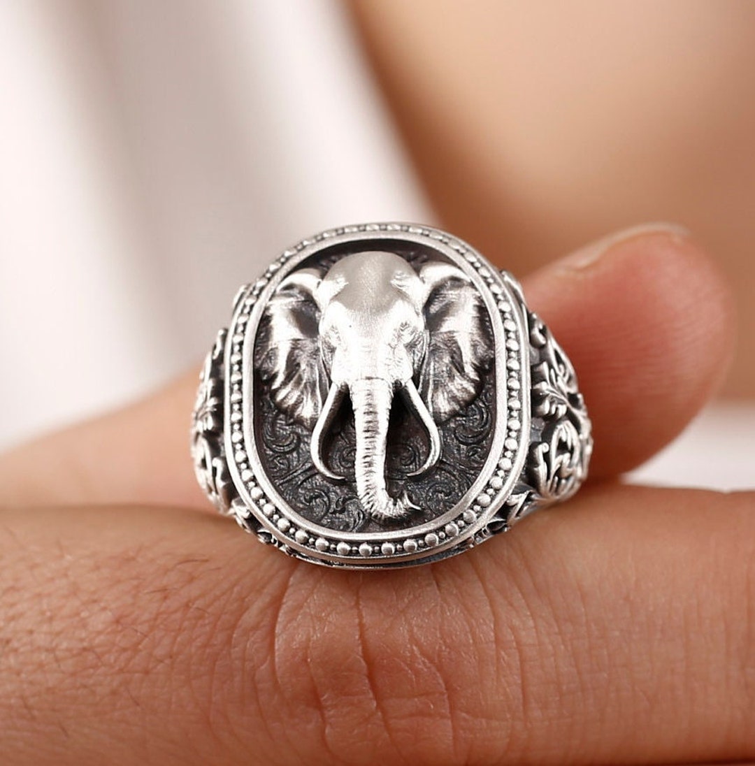 Sterling Silver Big Mammoth Ring, Animal Signet Elephant Men Ring ...