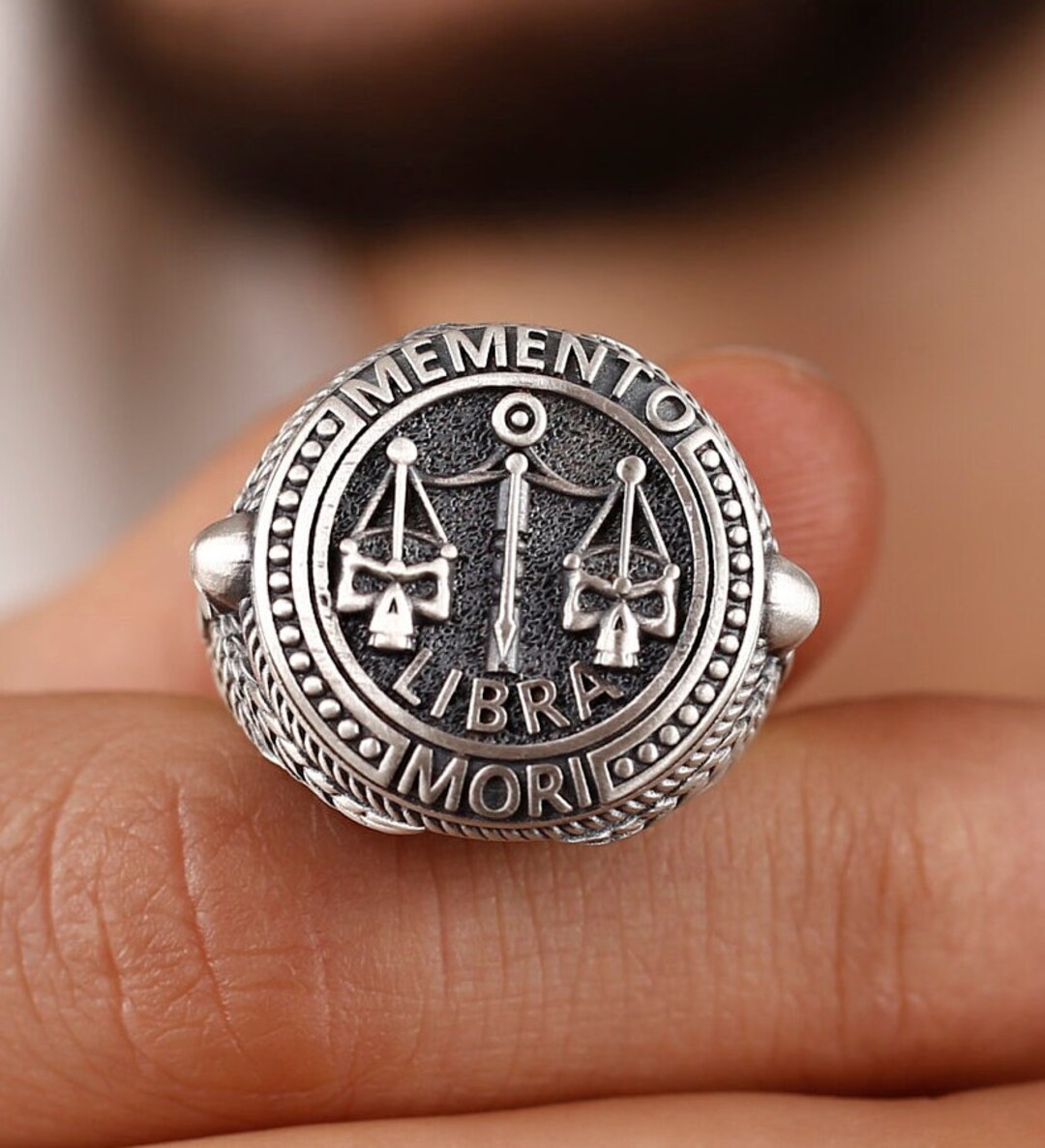 Libra Memento Mori Biker Ring for Men, Skull Punk Ring for Best Friend, Zodiac Signet Ring in ...