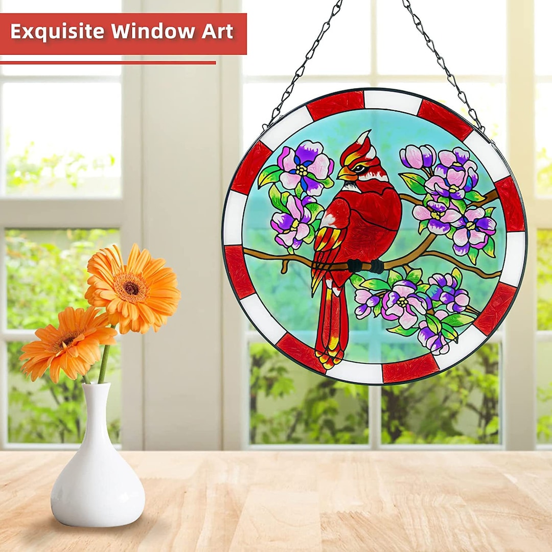 Red Cardinal Decor Stained Glass Window Hanging Hand-painted - Etsy