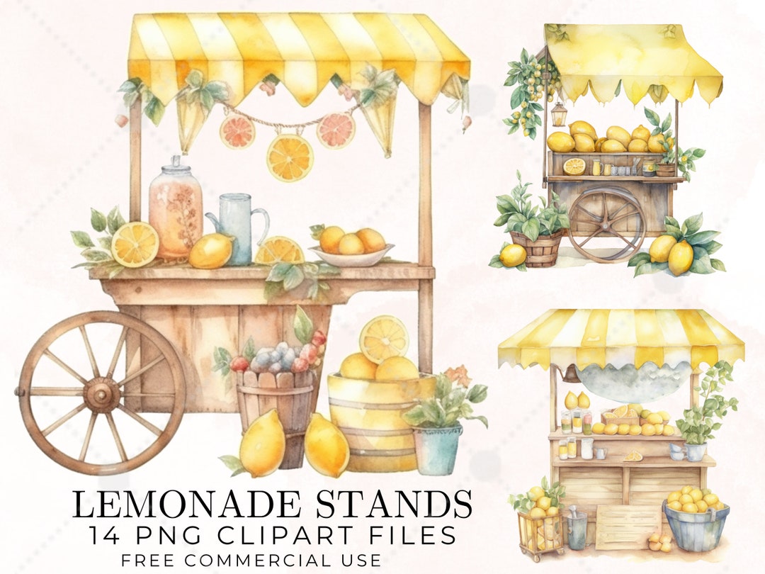 Lemonade Stand Clipart, Watercolor Lemonade Stand, Lemons, Digital Art ...