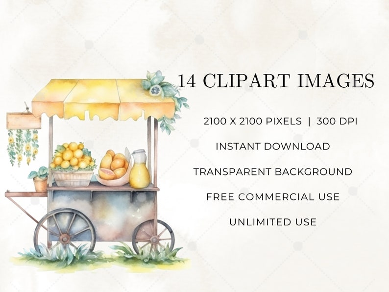 Lemonade Stand Clipart, Watercolor Lemonade Stand, Lemons, Digital Art ...