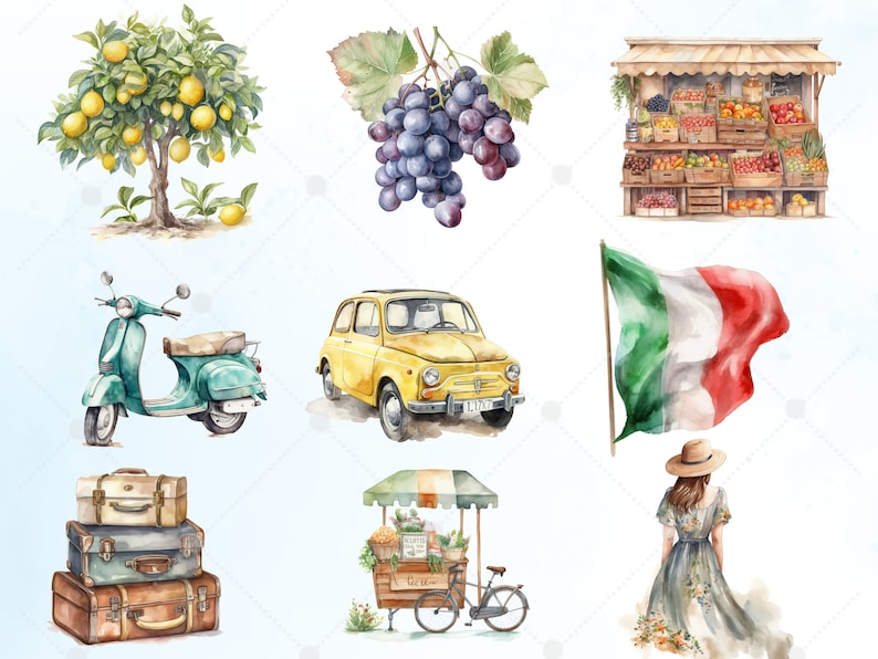 Italian Italy Clipart, Watercolor Italy Clipart, Digital Art, Vintage ...