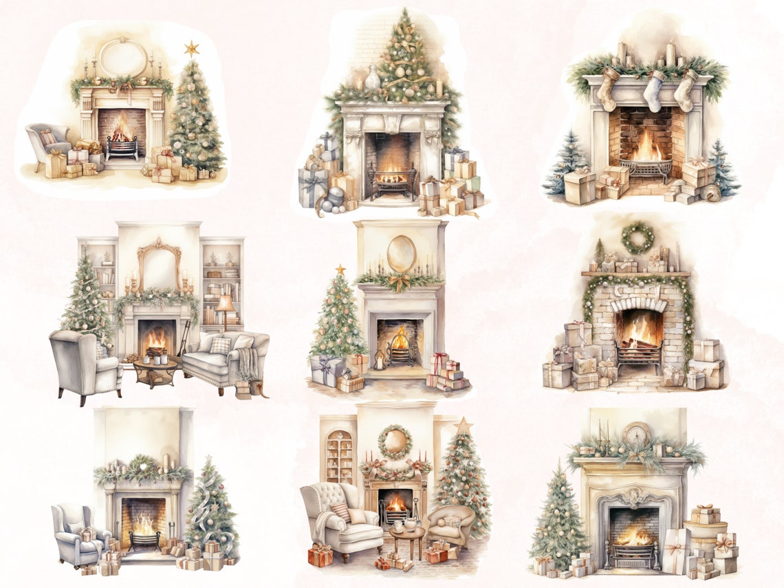 Cozy Fireplaces Clipart, Winter Clipart, Watercolor Digital Art, Clip ...