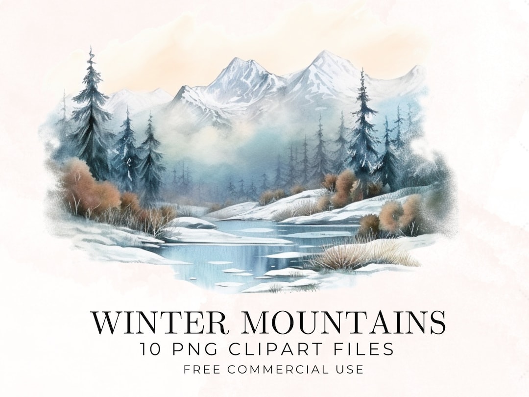 Mountain Clipart, Winter Clipart, Watercolor Digital Art, Clip Art ...