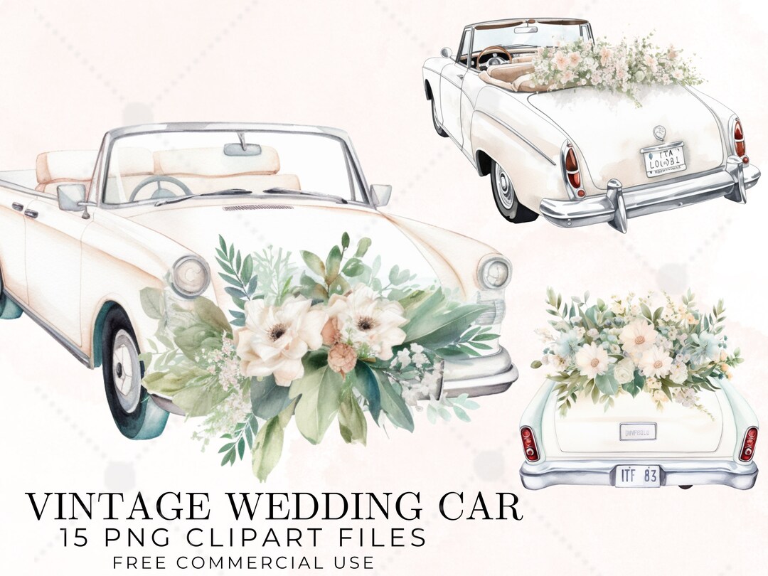 Vintage Wedding Car Clipart, Watercolor Vintage Car, Car, Digital Art ...