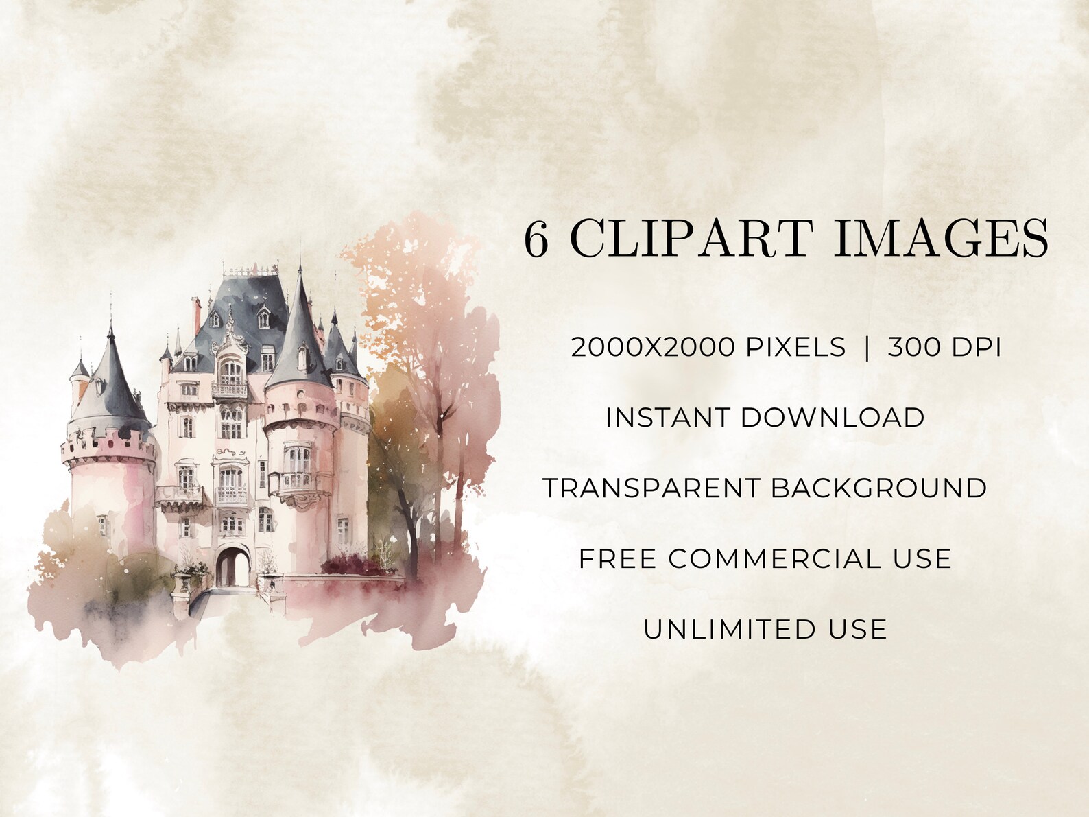 Watercolor Castle Clipart, Fairytale Castle, Watercolor Digital Art ...