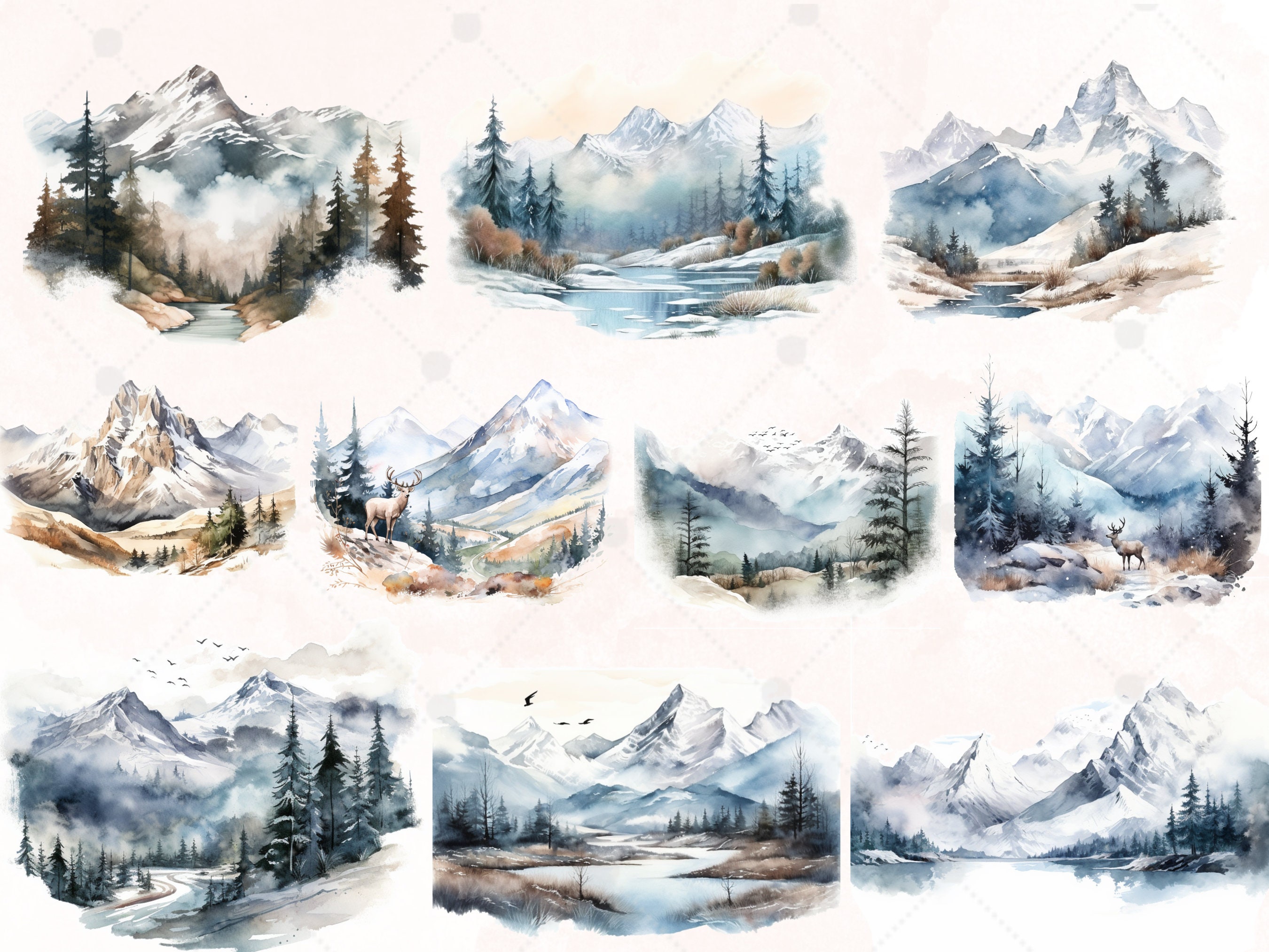 Mountain Clipart, Winter Clipart, Watercolor Digital Art, Clip Art ...